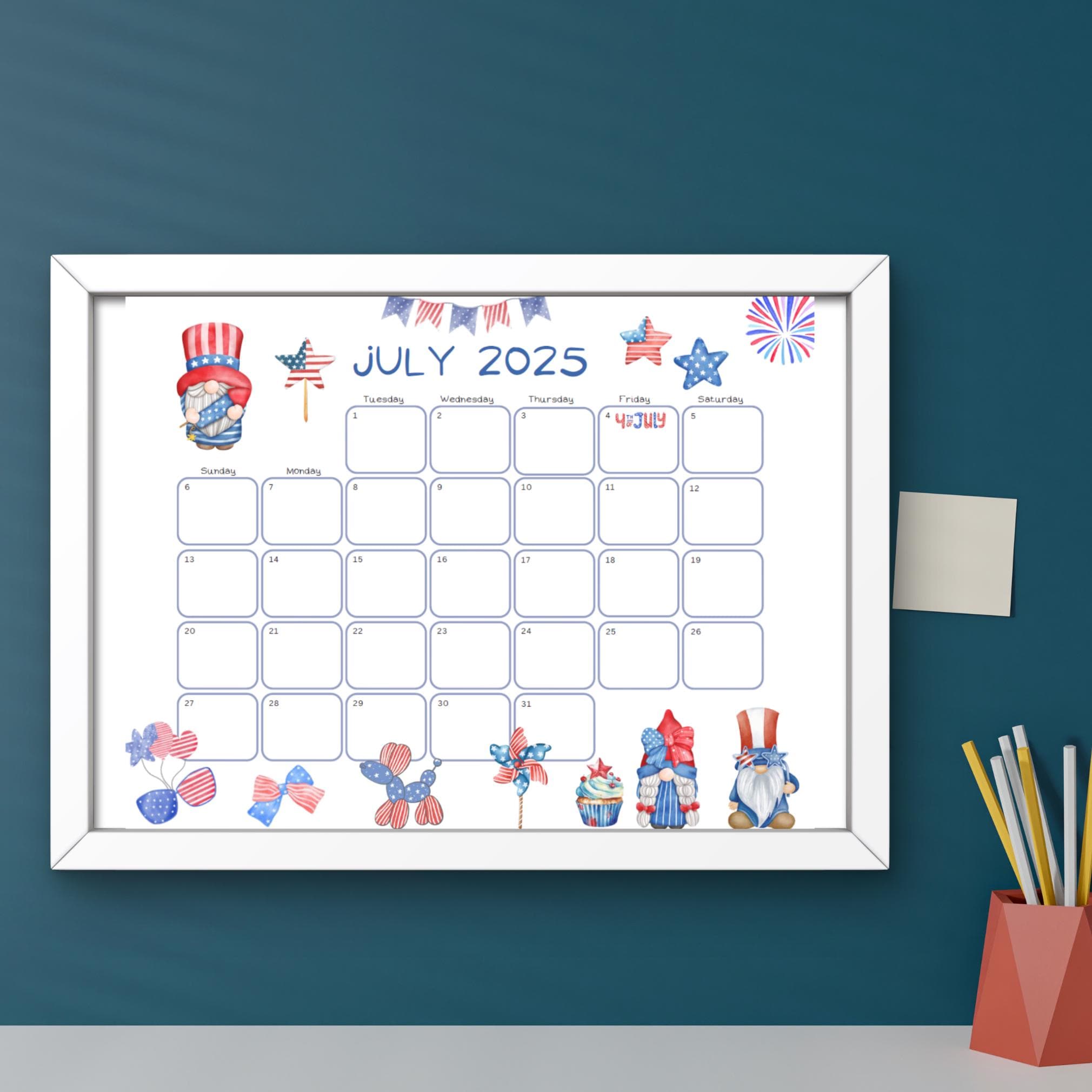 July 2025 Printable Calendar | Patriotic 4th of July Theme | Fillable ...