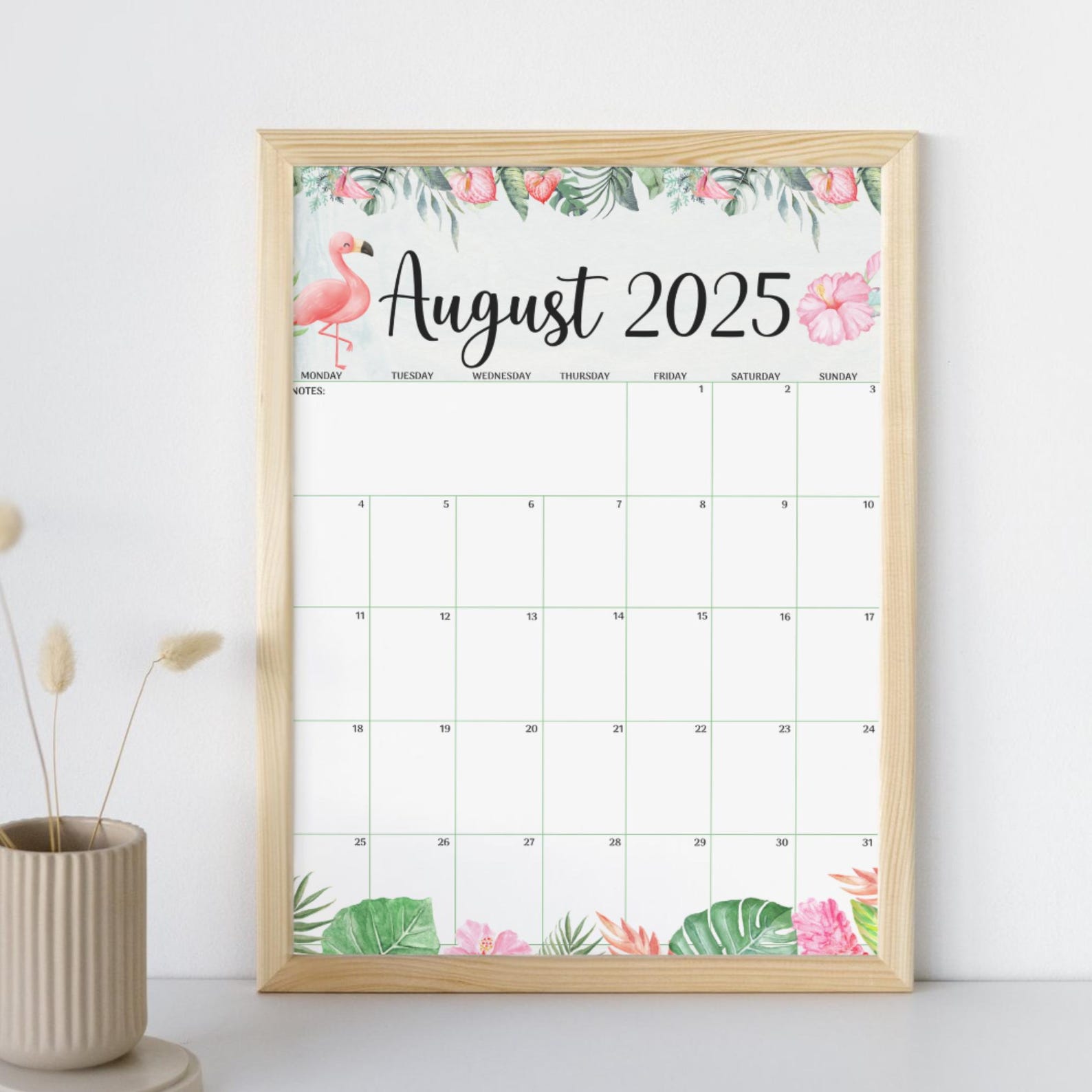 August 2025 Calendar Printable, Tropical Flamingo Design, Fillable PDF ...