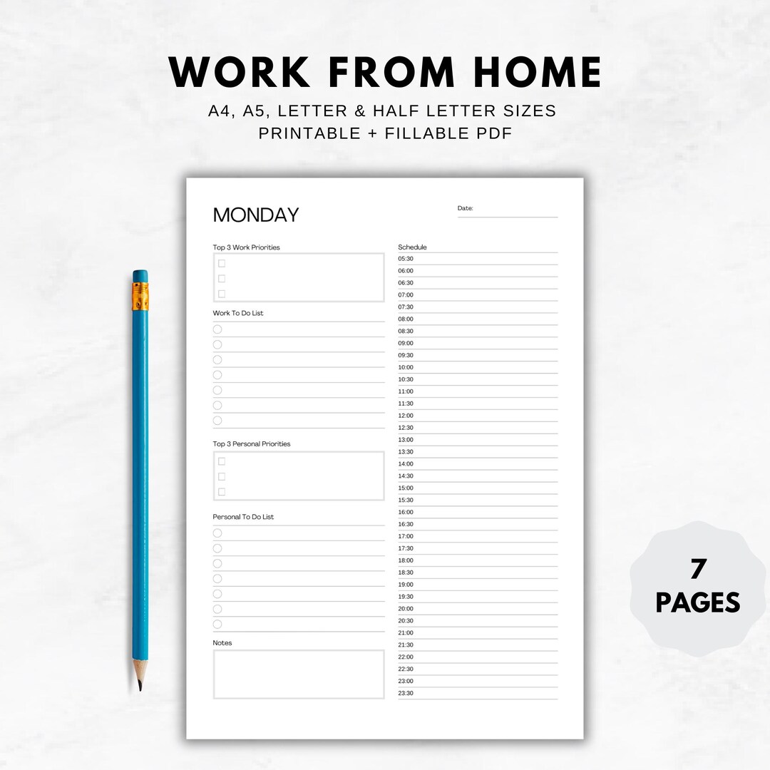 Work From Home Planner, Printable Daily Planner, Daily Hourly Planner ...
