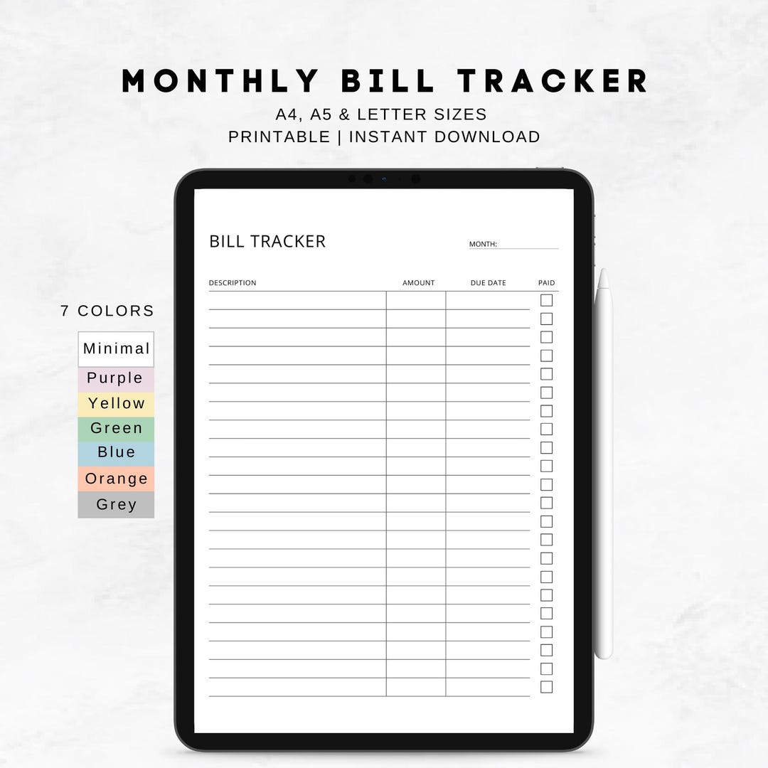 Digital Monthly Bill Tracker, Bill Payment Checklist, Bill Organizer ...