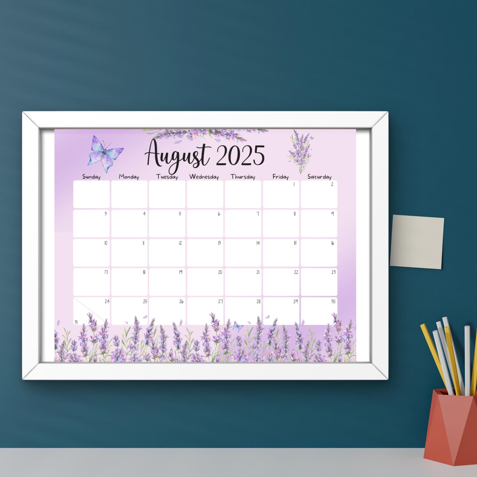 EDITABLE August 2025 Calendar, Beautiful Butterfly and Lavender ...