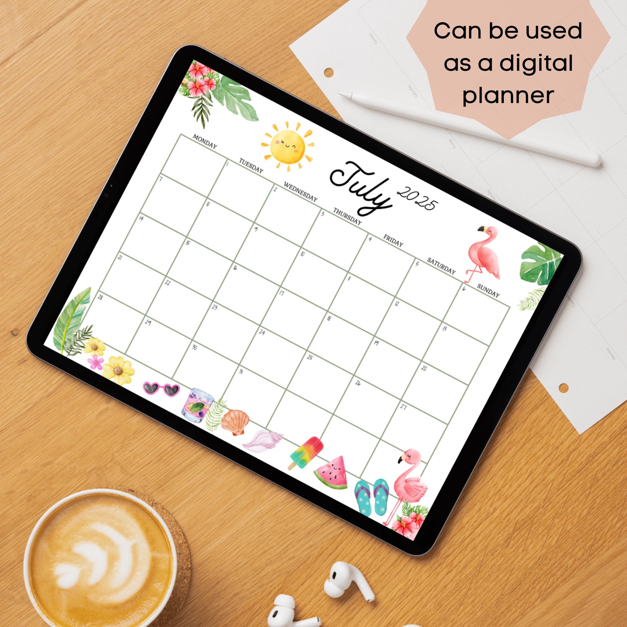 EDITABLE July 2025 Calendar, Beautiful Colorful Summer, Monthly Planner ...