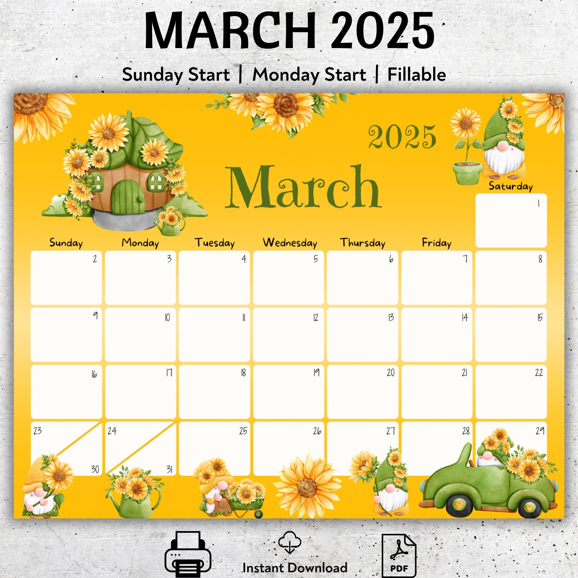 EDITABLE March 2025 Calendar, Fillable Calendar, Cute Gnomes, Happy St ...