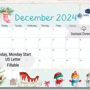 EDITABLE December 2024 Calendar, Christmas Planner, Cute Snowmen ...