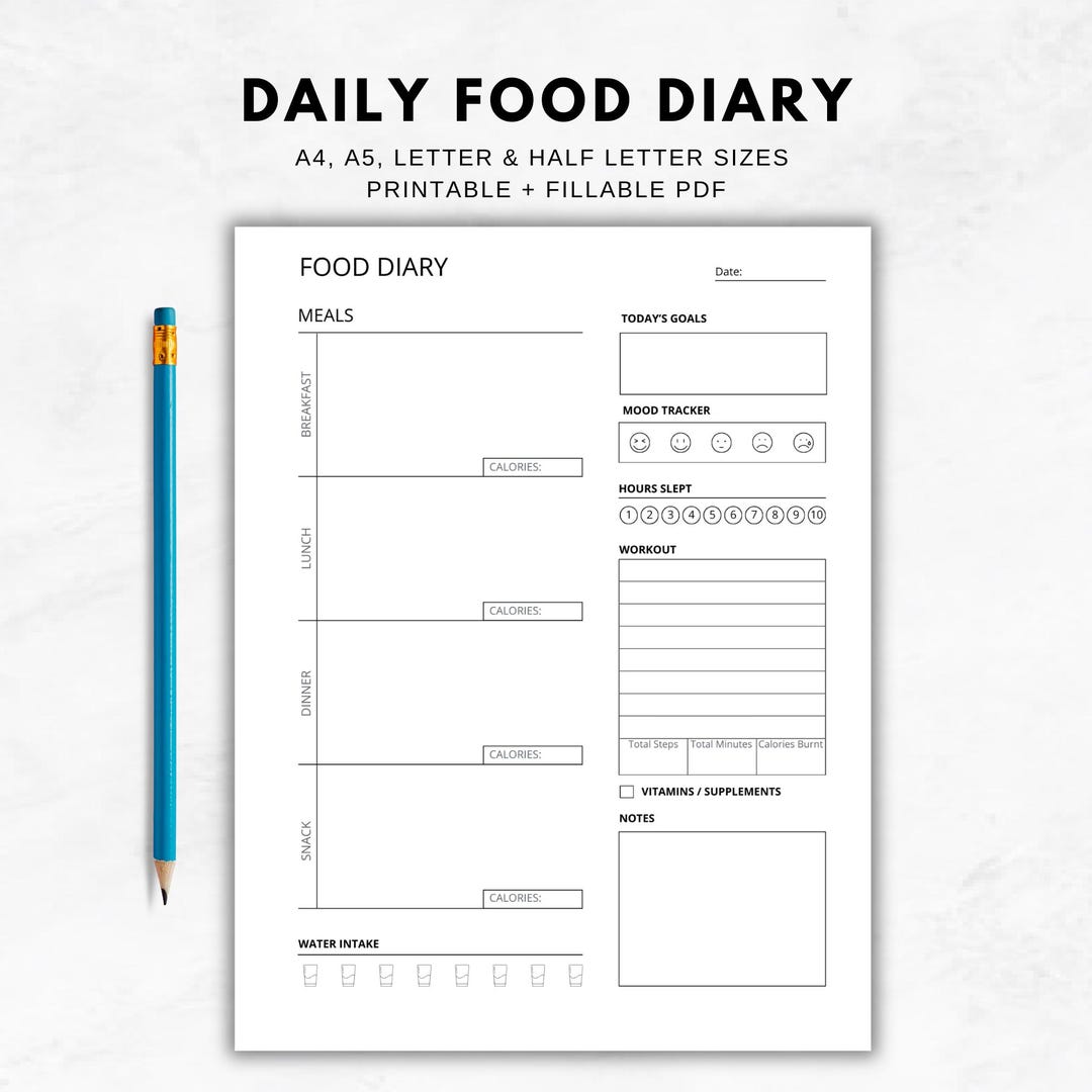 Daily Food Diary Printable, Food Journal, Vitamin Intake, Water Intake ...