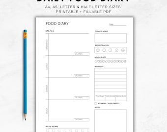 Daily Food Diary Printable, Food Journal, Meal Planner, Vitamin Intake ...