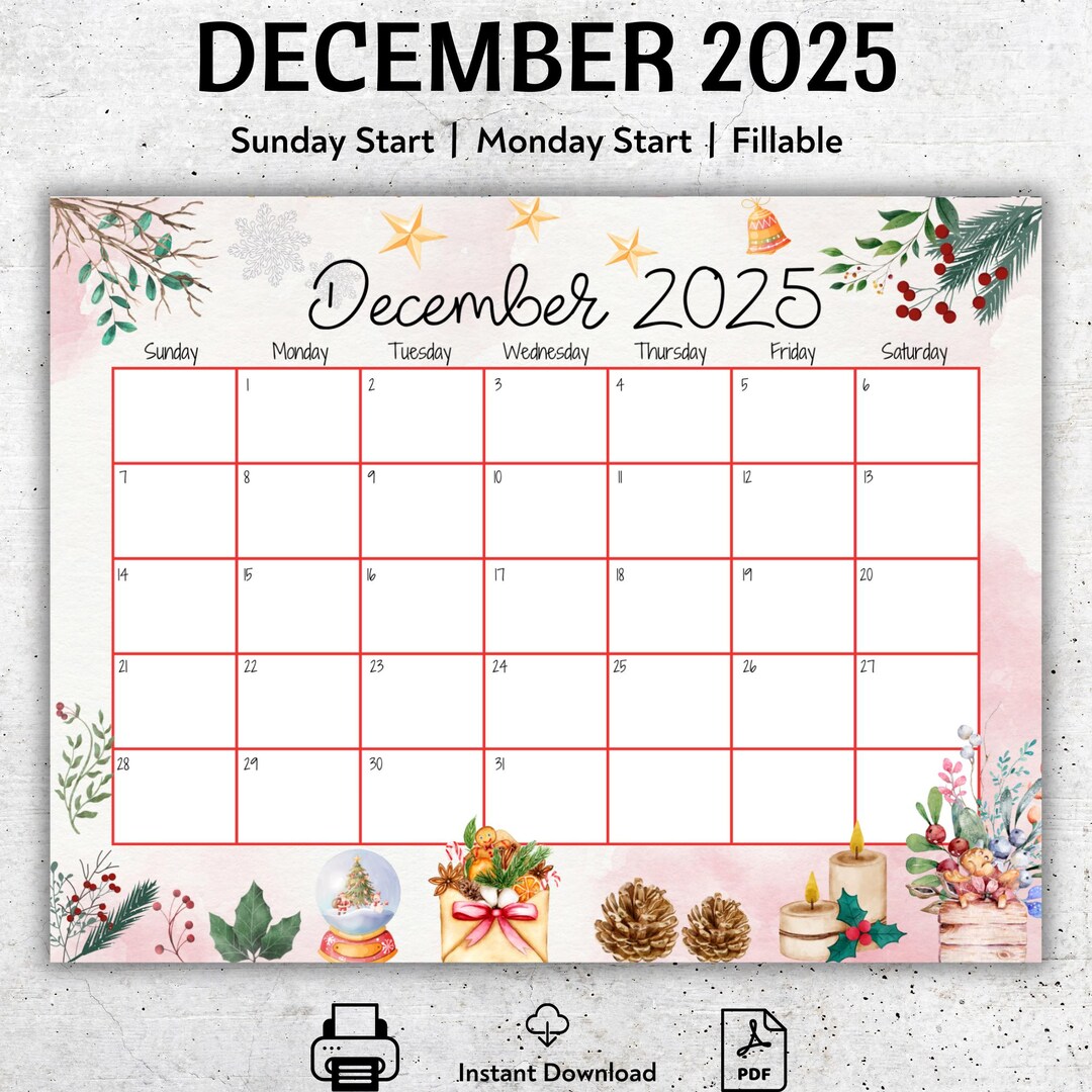 EDITABLE December 2025 Calendar, Happy Christmas, Happy New Year ...