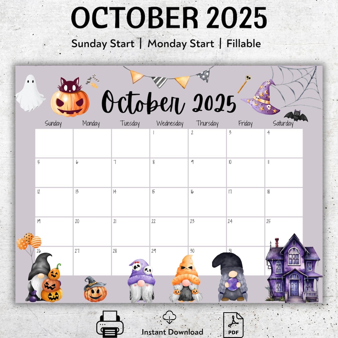 EDITABLE October 2025 Calendar, Happy Halloween, Pretty Ghost, Cute ...