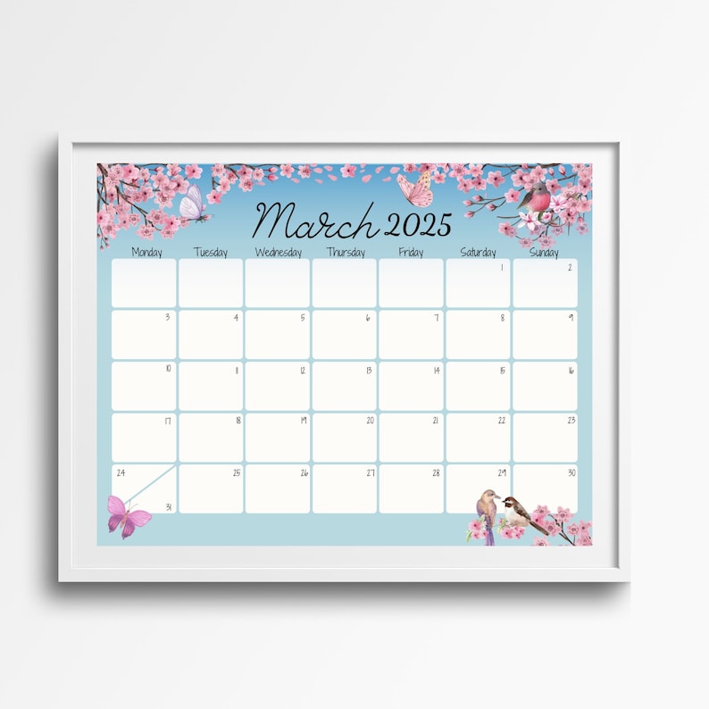 Editable 2025 March Calendar, Beautiful Spring, Cute Birds, Butterflies ...