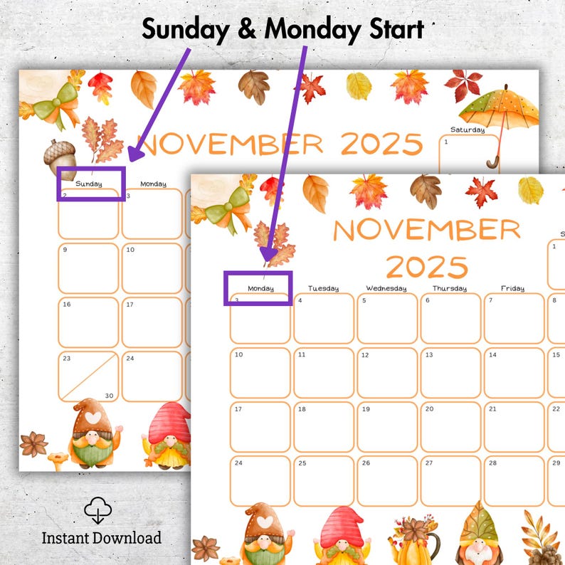 November 2025 Printable Calendar, Cute Gnome Fall Planner, Autumn ...