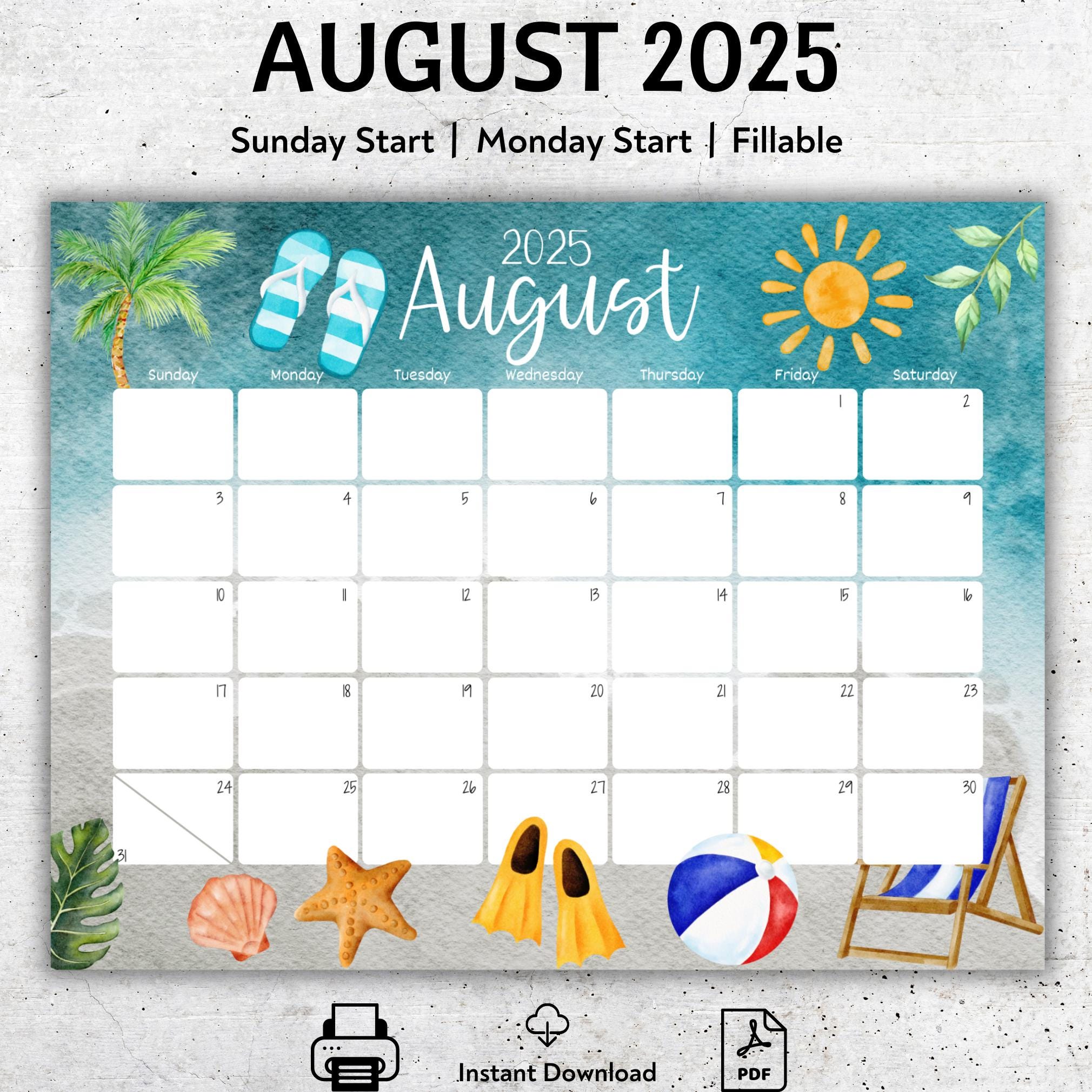 EDITABLE August 2025 Calendar, Beautiful Summer, Beach, Sun, Flip Flops ...