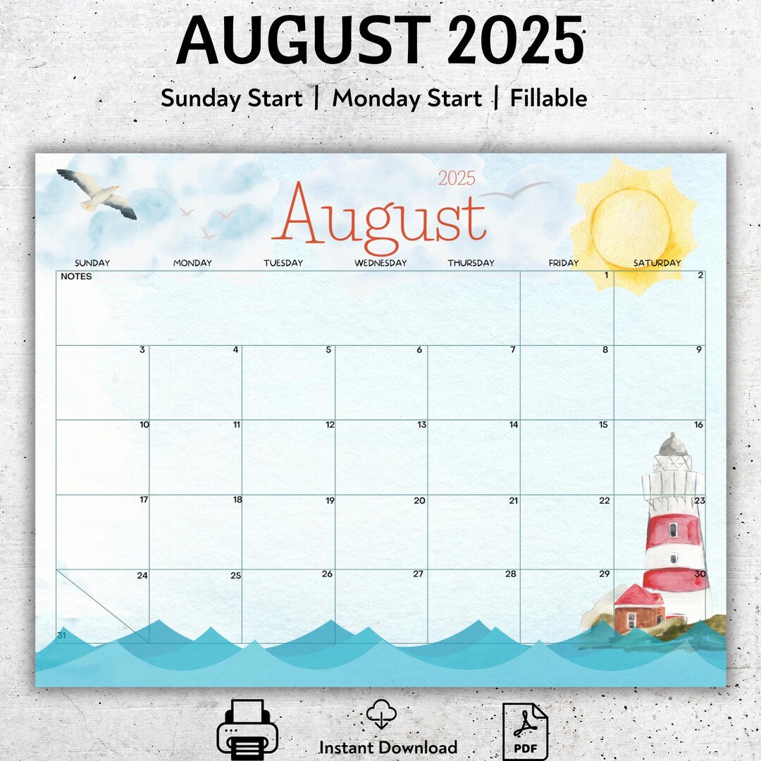 EDITABLE August 2025 Calendar, Printable August Planner, Lighthouse And ...