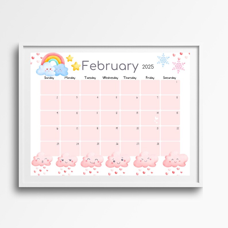 EDITABLE February 2025 Calendar, Beautiful Rainbow, Cute Clouds ...