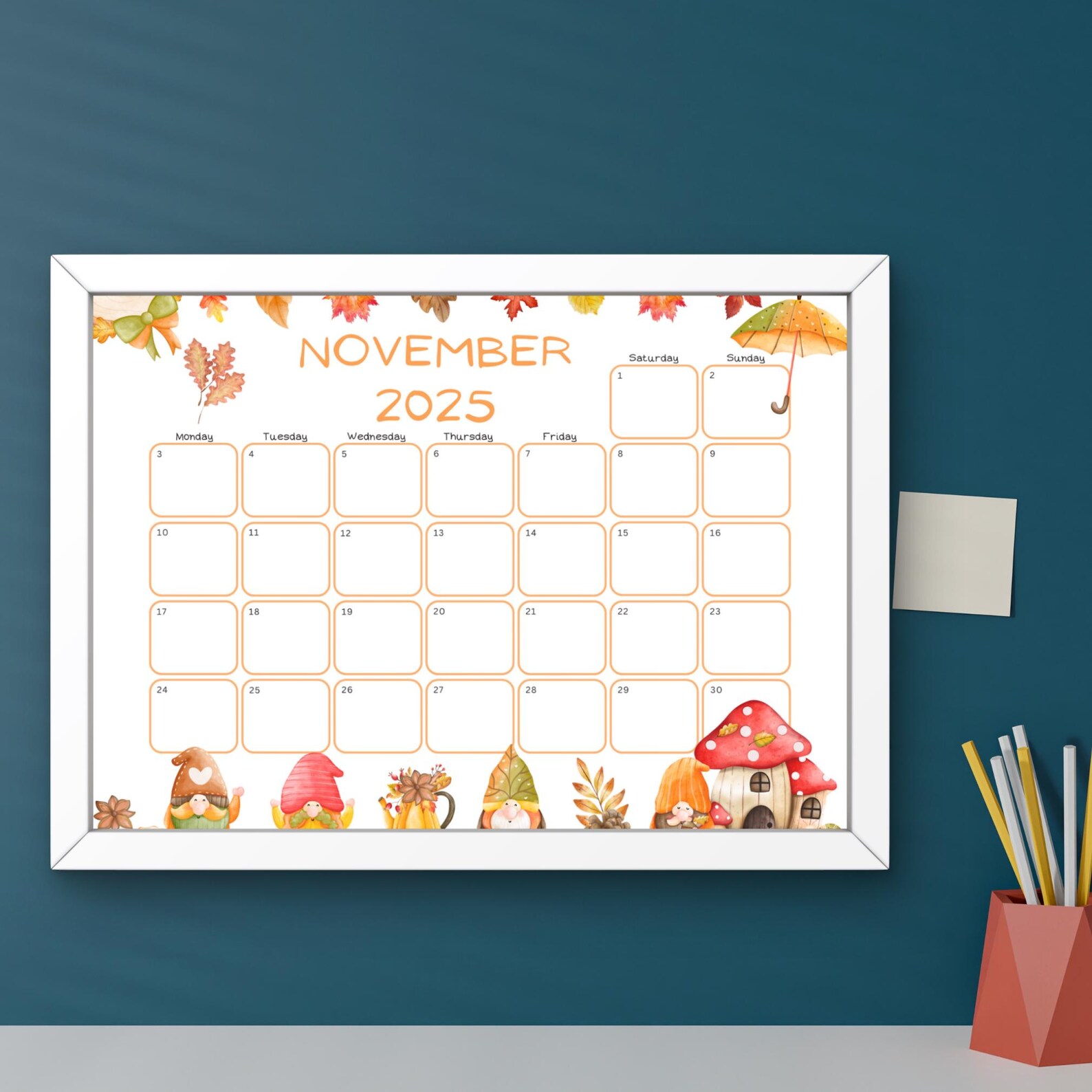 November 2025 Printable Calendar, Cute Gnome Fall Planner, Autumn ...