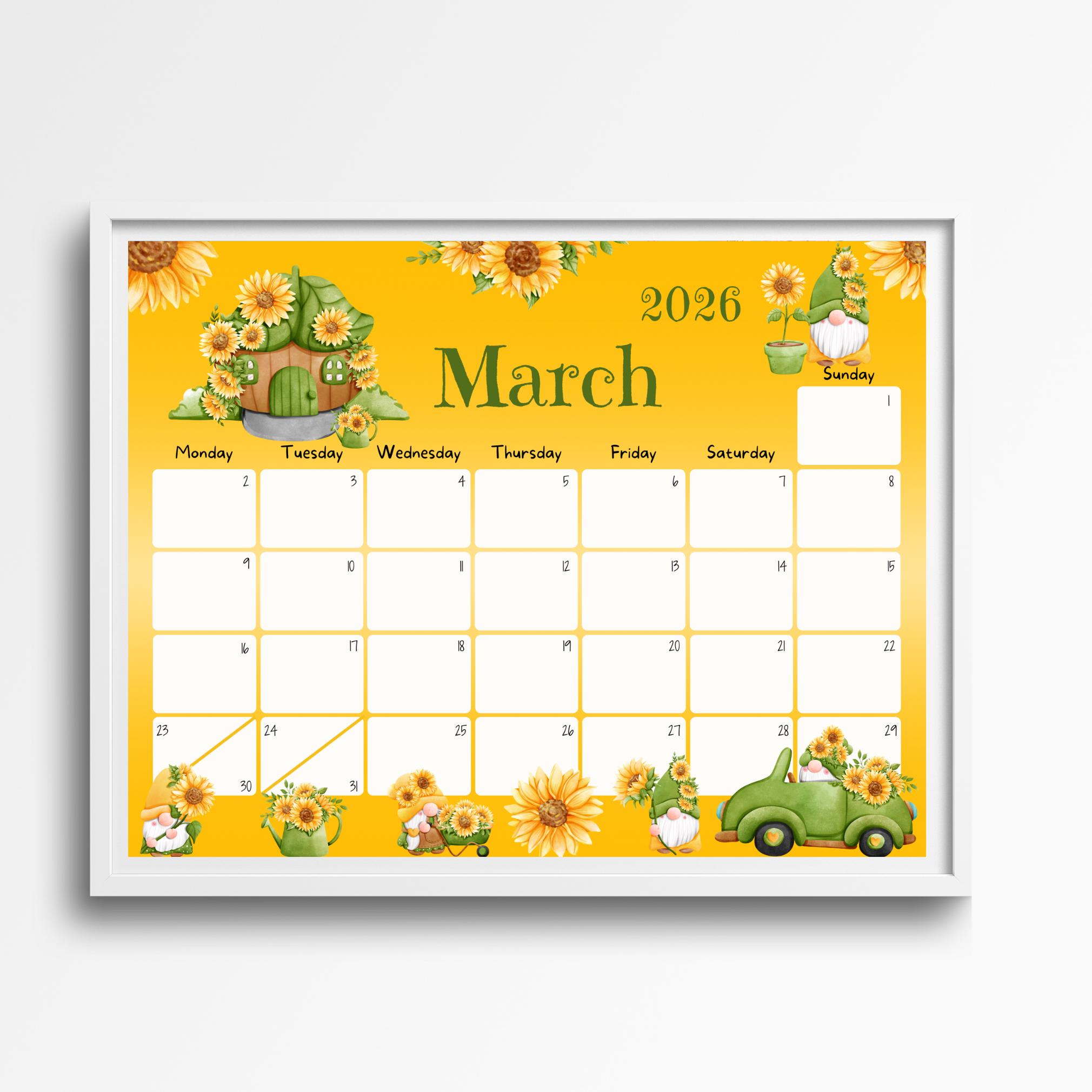 EDITABLE March 2026 Calendar, Fillable Calendar, Cute Gnomes, Happy St ...