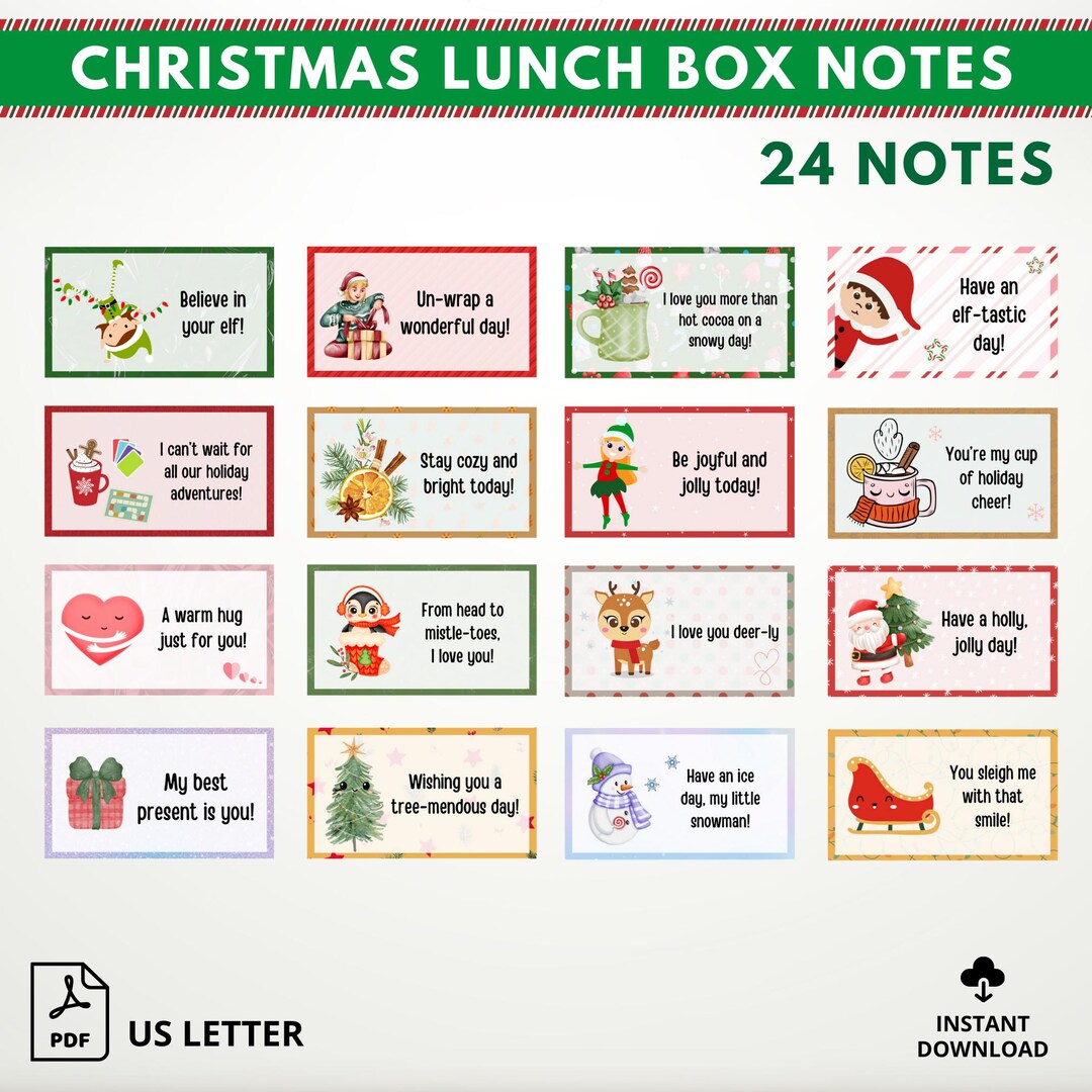 Printable Christmas Lunch Box Notes for Kids, Holiday Notes for Kids ...