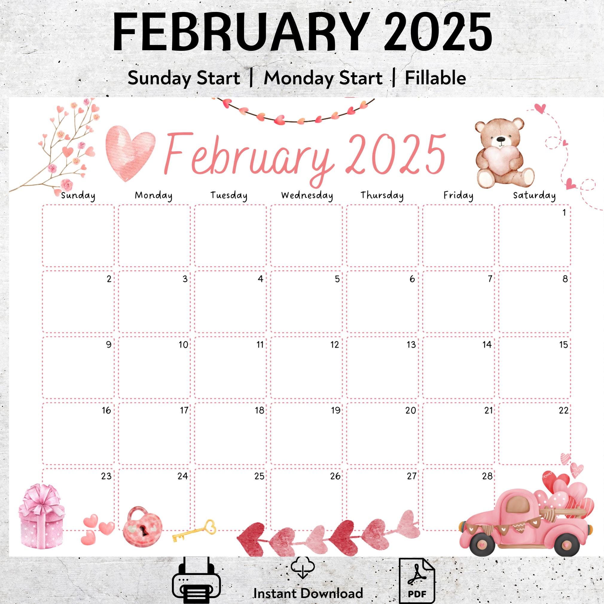 EDITABLE February 2025 Calendar, Valentine's Day, Homeschool Calendar ...