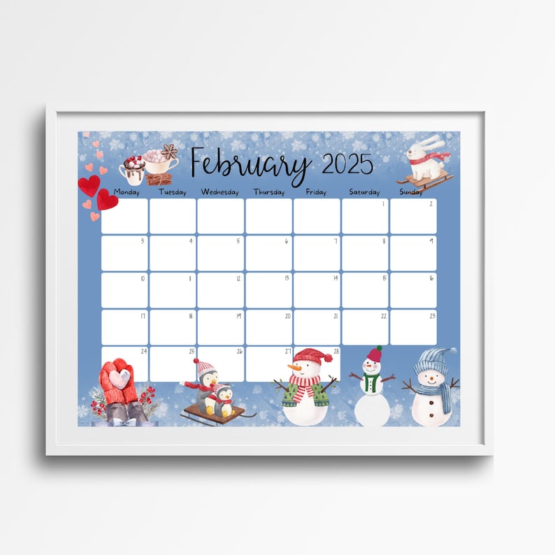 EDITABLE February 2025 Calendar, Beautiful Winter, Snowman and Penguins ...
