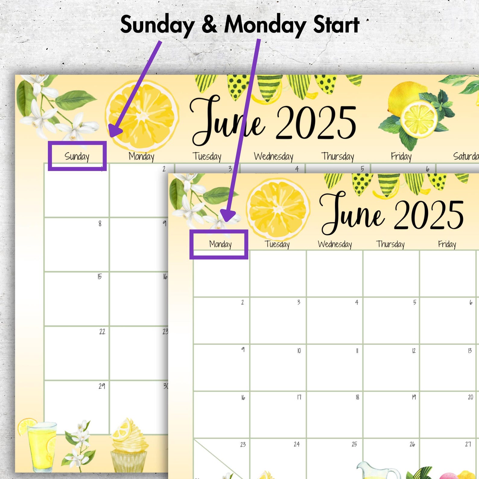 EDITABLE June 2025 Calendar, Yellow Lemons, Delicious Ice Creams ...