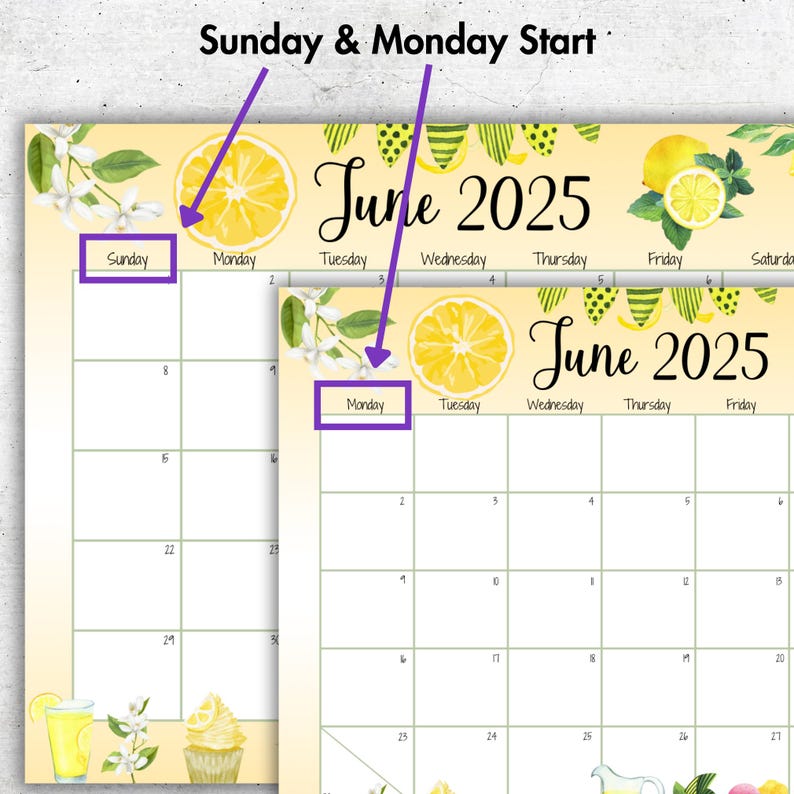 EDITABLE June 2025 Calendar, Yellow Lemons, Delicious Ice Creams ...