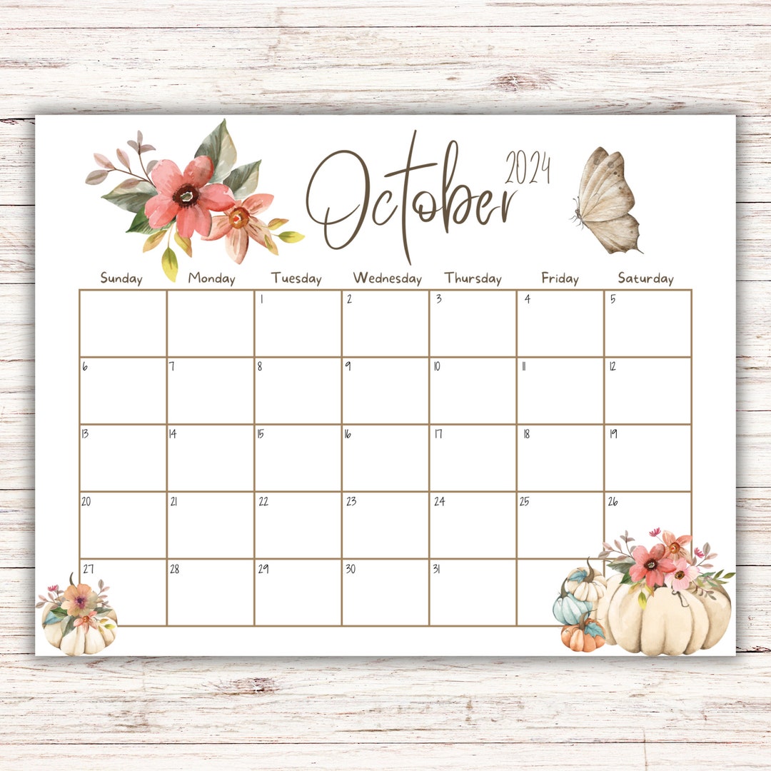 EDITABLE October 2024 Calendar, Beautiful Pumpkins, Colorful Flowers ...
