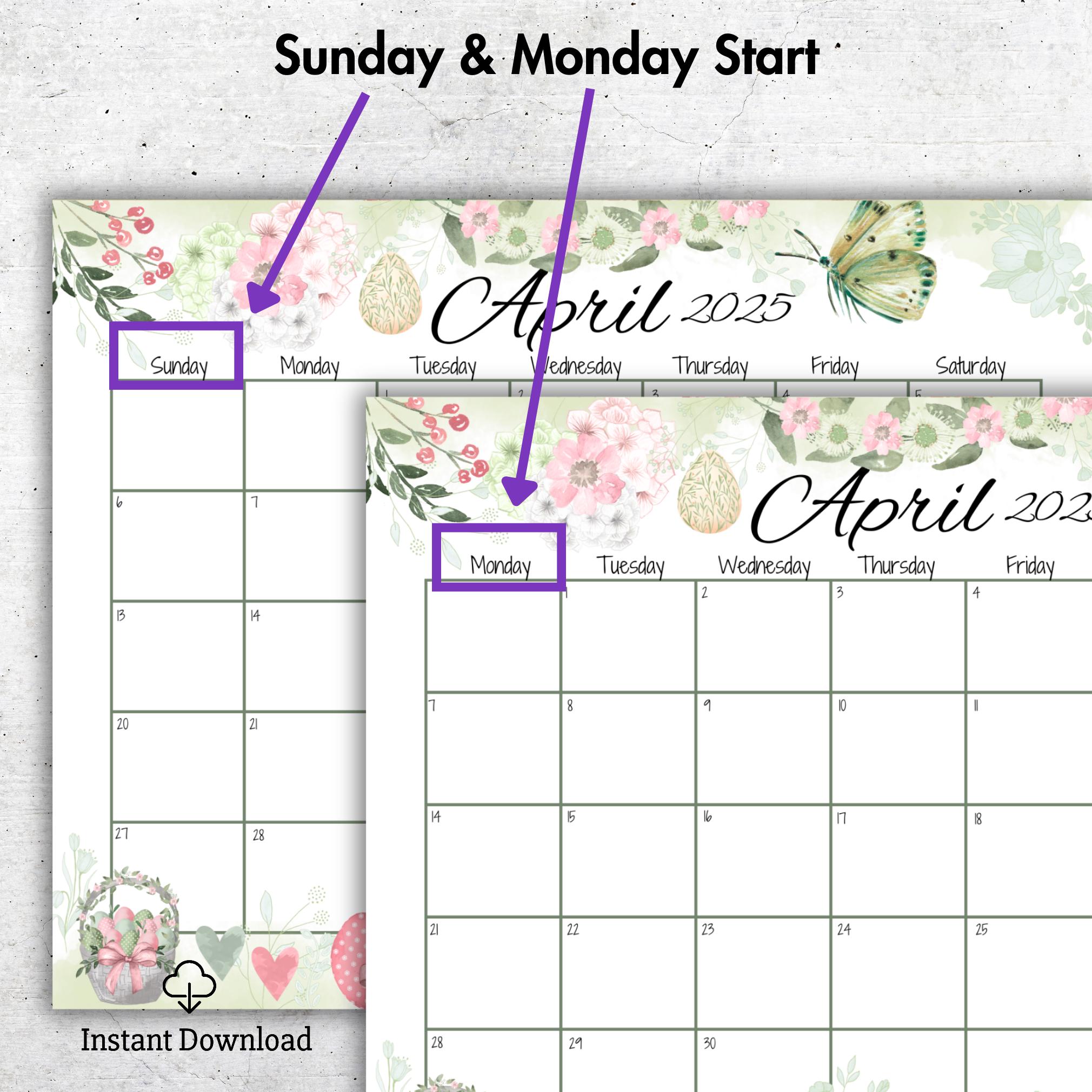 EDITABLE April 2025 Calendar, Happy Easter Day, Green Butterfly ...