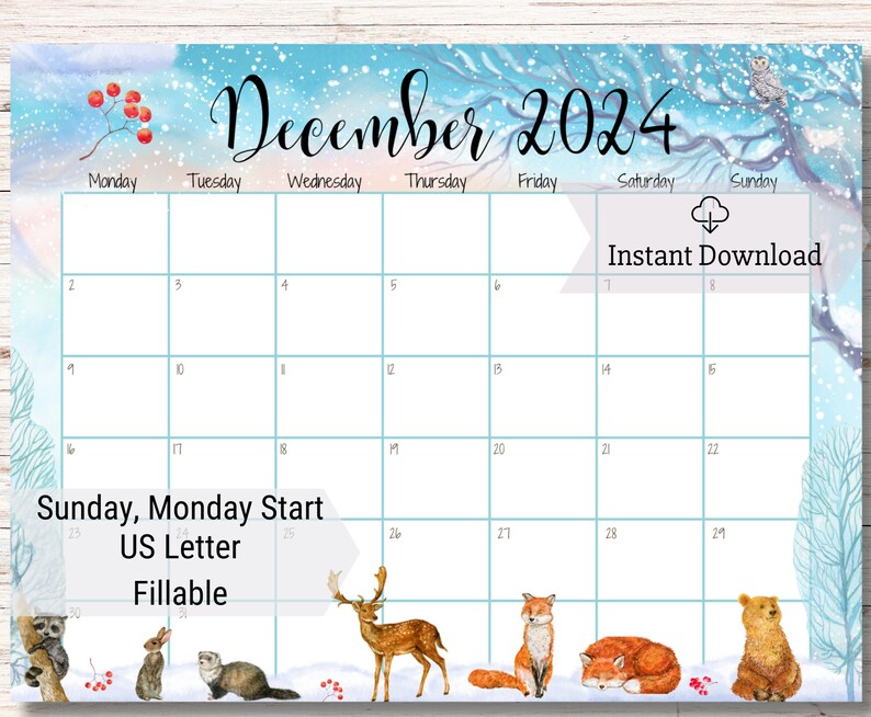 EDITABLE December 2024 Calendar, Cute Animals, Beautiful Winter ...