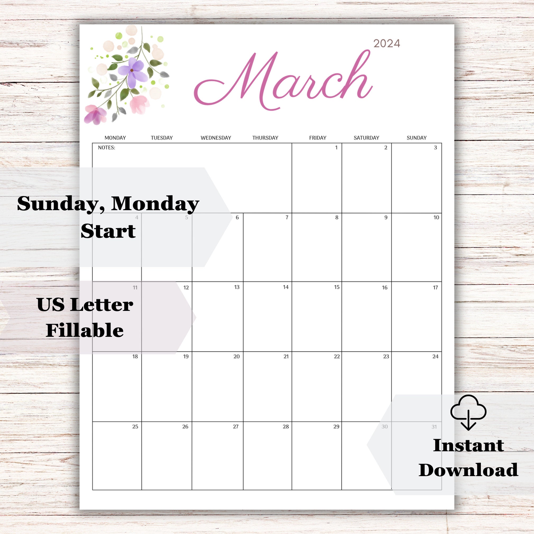 Editable March Calendar, March 2024 Printable, Fillable Calendar ...