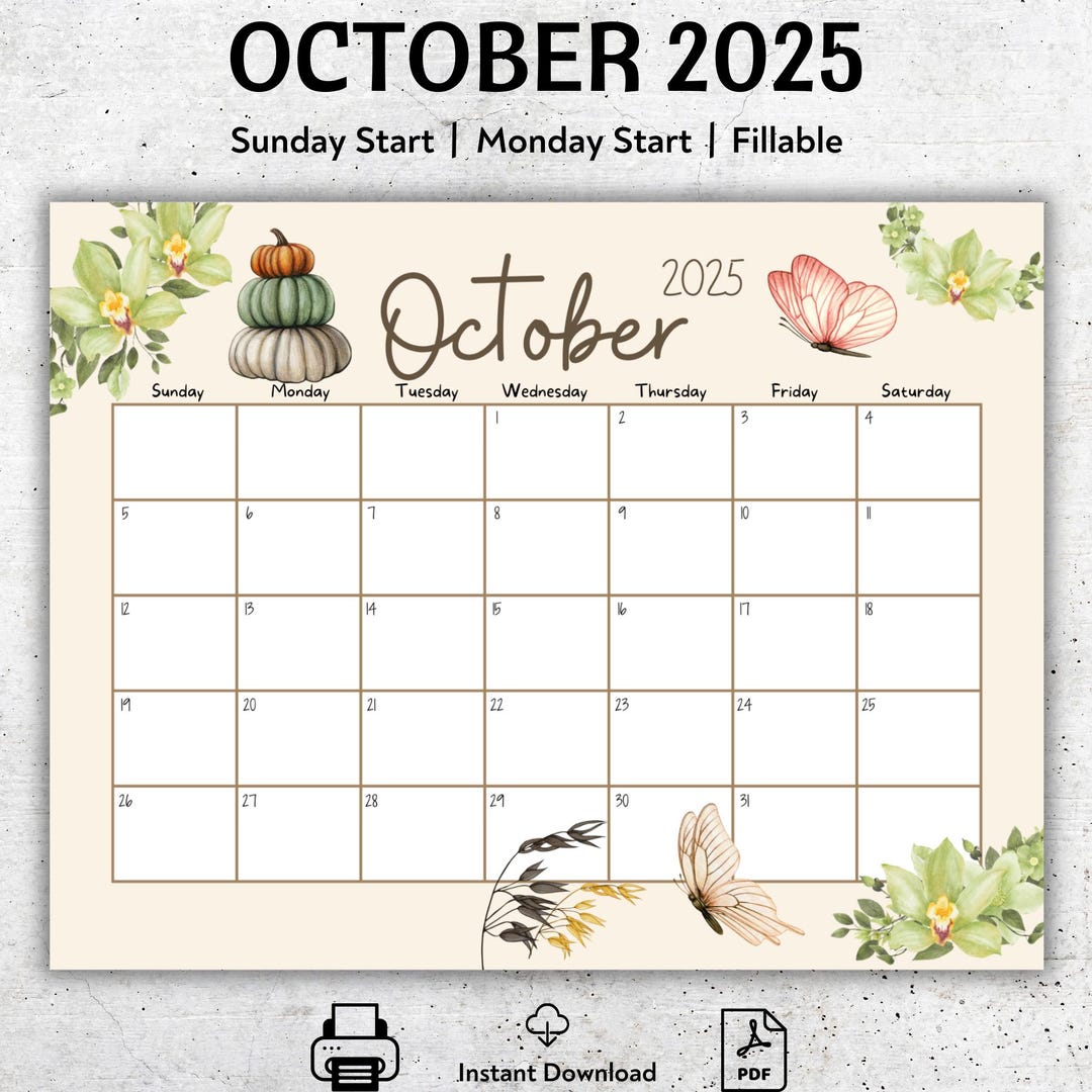 EDITABLE October 2025 Calendar, Beautiful Pumpkins, Colorful Flowers ...