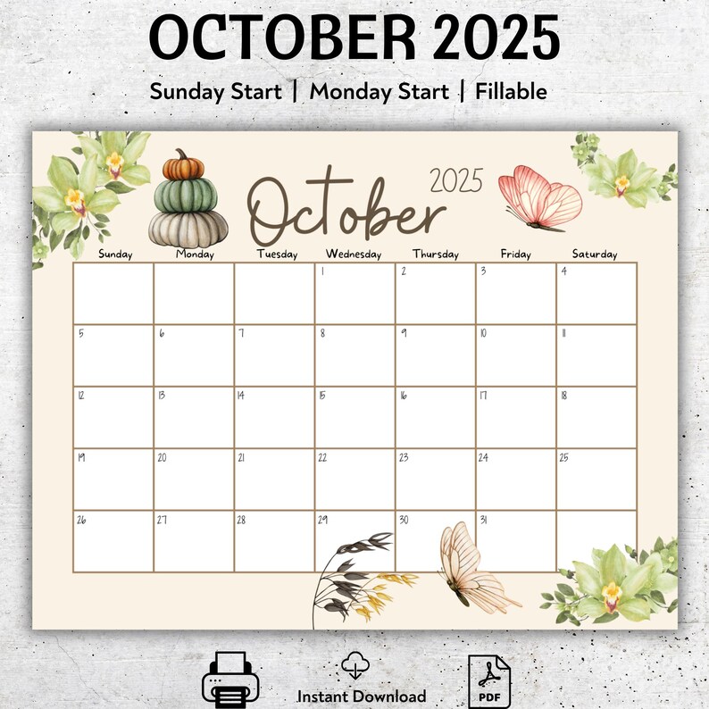 EDITABLE October 2025 Calendar, Beautiful Pumpkins, Colorful Flowers ...