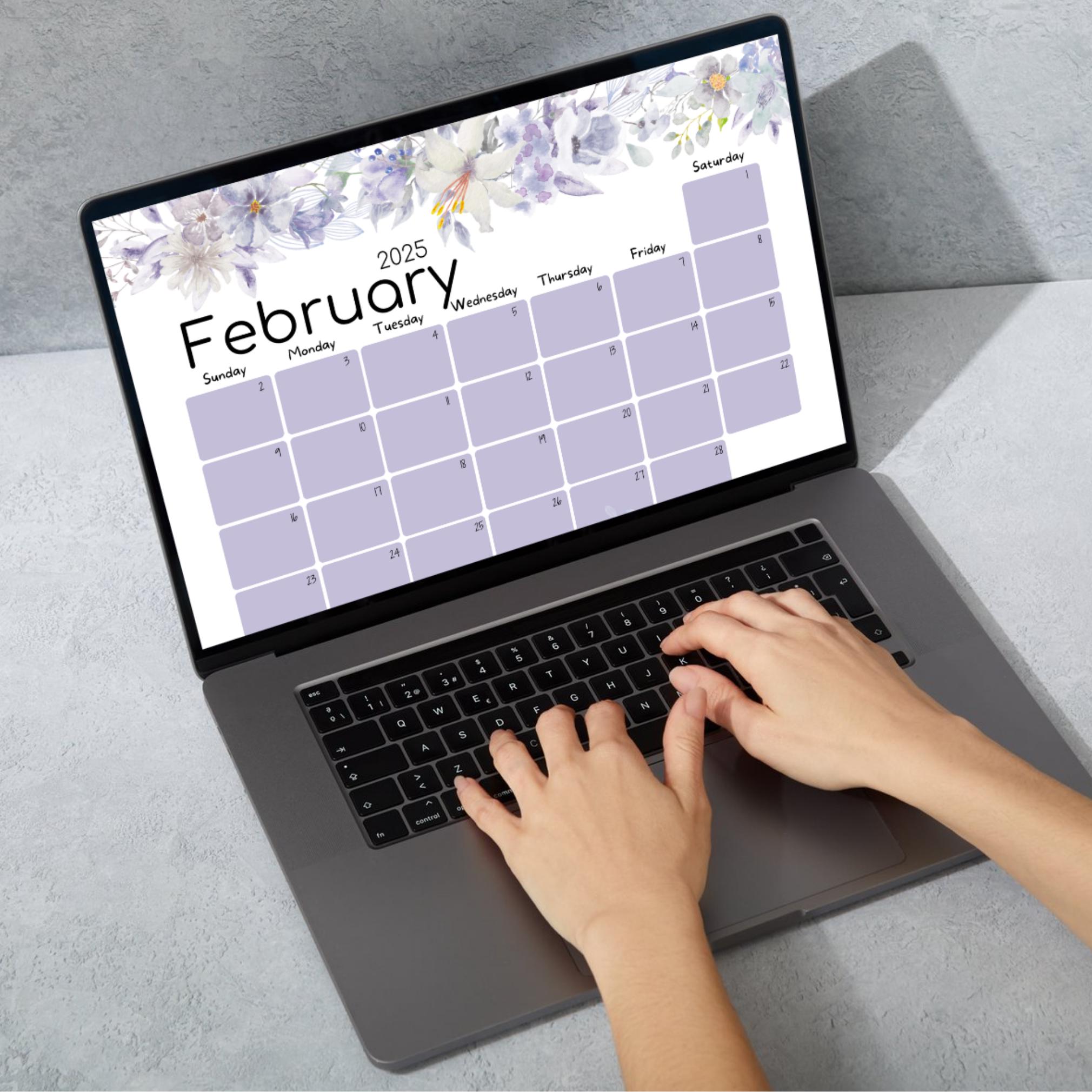 EDITABLE February 2025 Calendar, Beautiful Purple Flowers, Winter ...