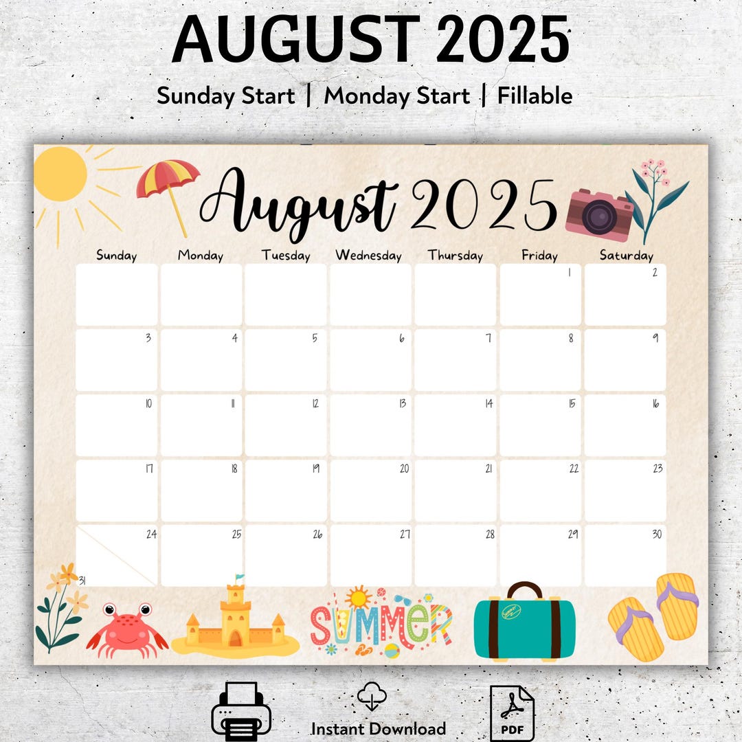 EDITABLE August 2025 Calendar, Printable Vacation Planner, Wonderful ...