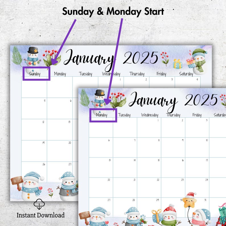 EDITABLE January 2025 Calendar, Beautiful Winter, Happy Snowmen, New ...