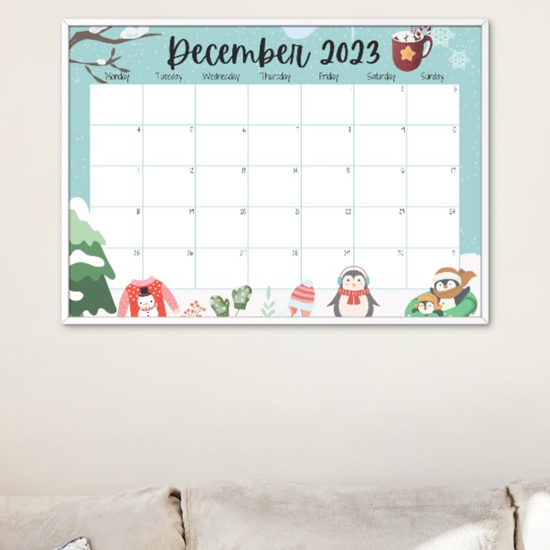 EDITABLE December 2023 Calendar, Cute Penguins, Beautiful Winter ...