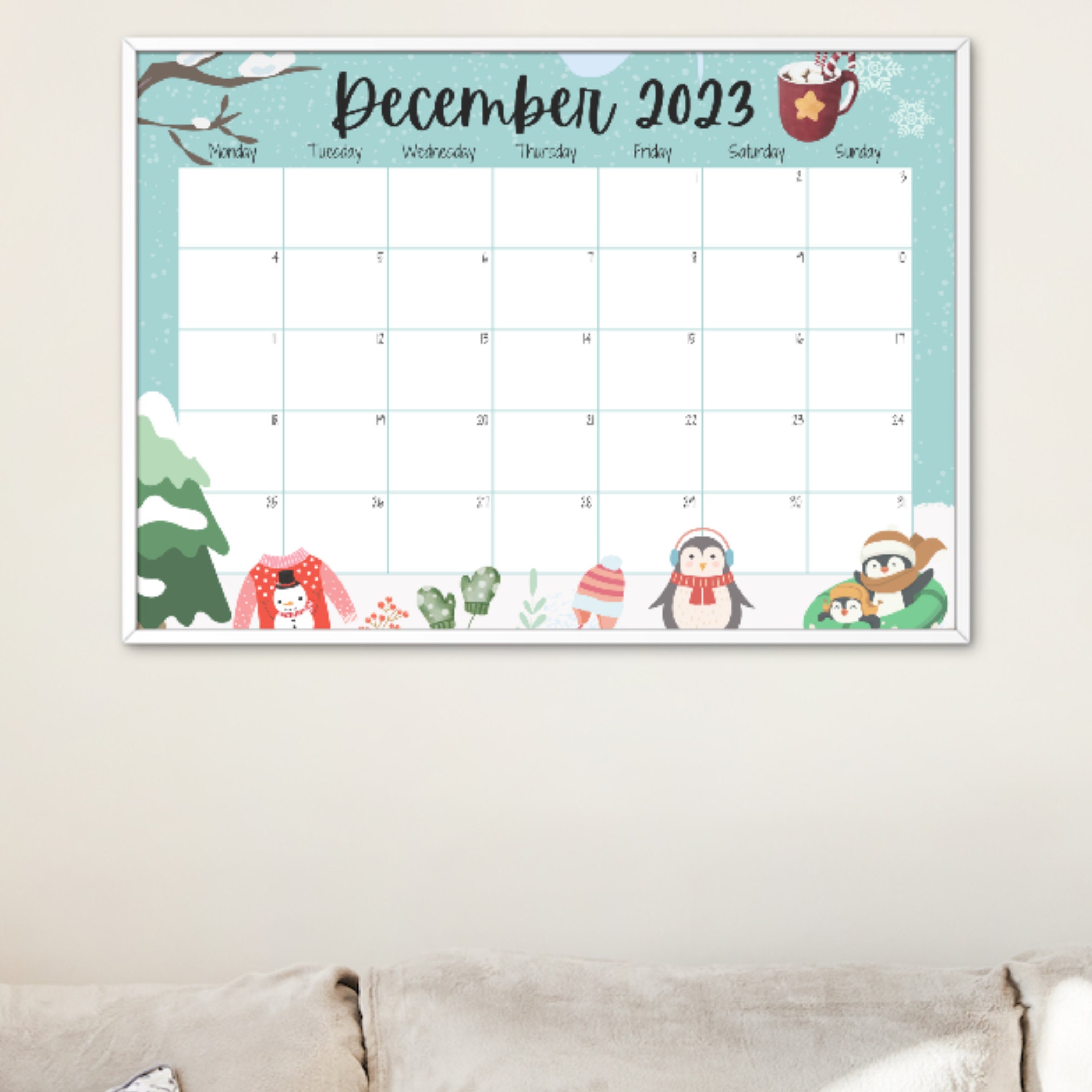 EDITABLE December 2023 Calendar, Cute Penguins, Beautiful Winter ...
