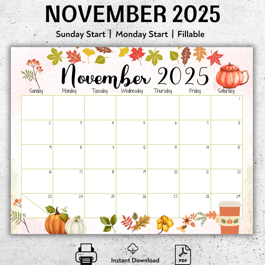 EDITABLE November 2025 Calendar, Colorful Pumpkins, Printable Planner ...