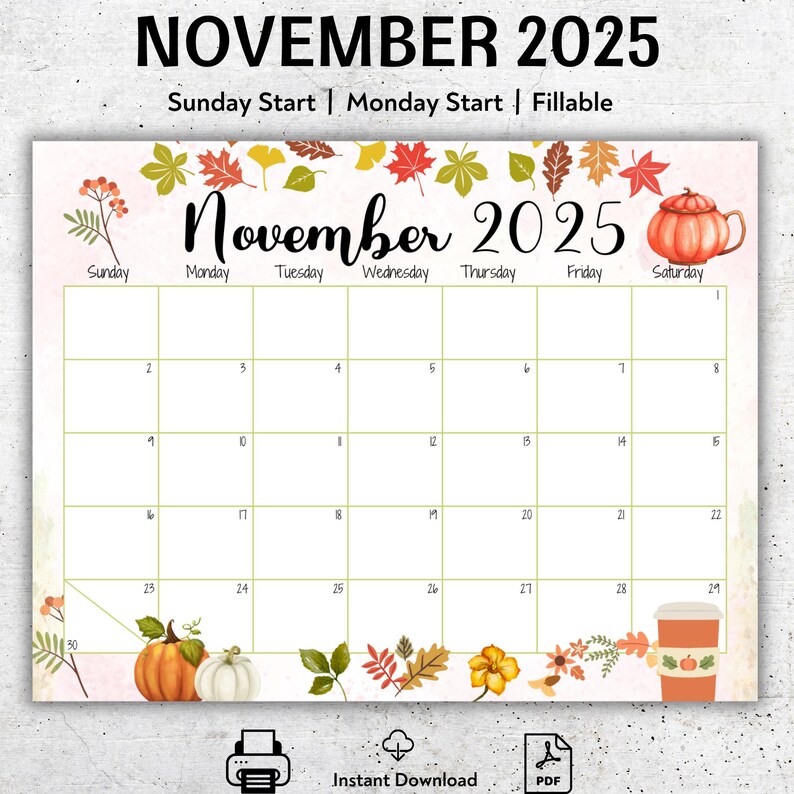 EDITABLE November 2025 Calendar, Colorful Pumpkins, Printable Planner ...