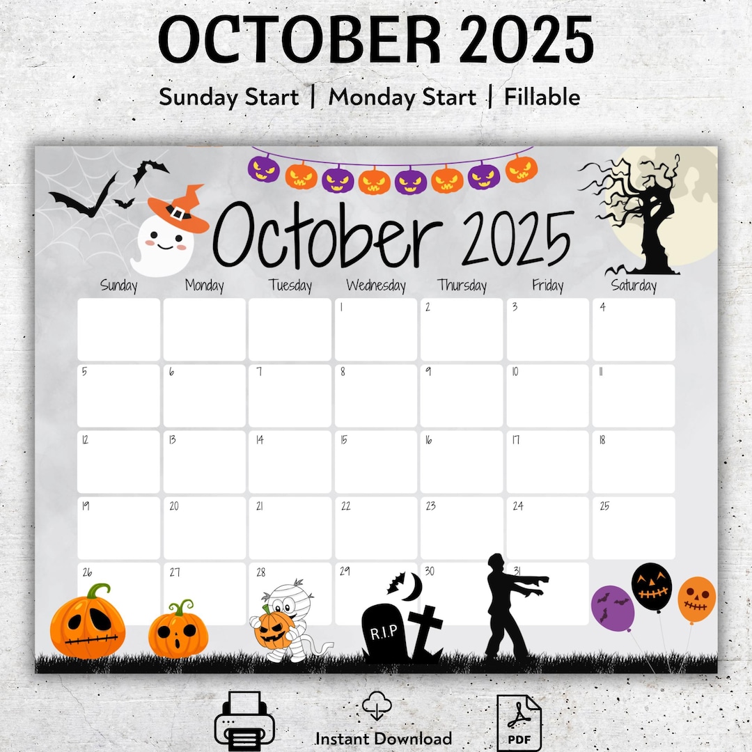 EDITABLE October 2025 Calendar, Happy Halloween, Pretty Ghost, Cute ...