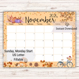 EDITABLE November 2024 Calendar, Beautiful Fall Foliage, Printable ...