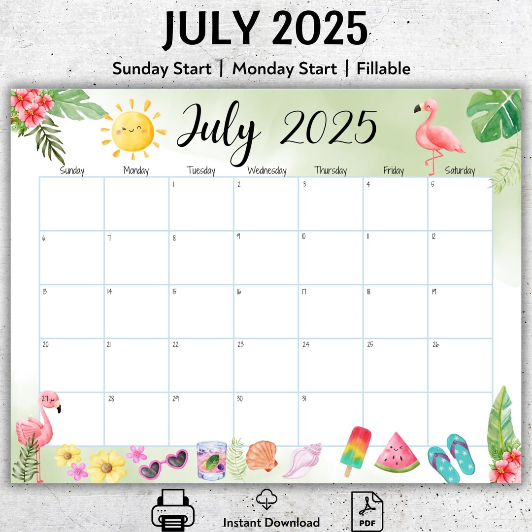 July 2025 Printable Calendar | Summer Theme Planner | Fillable PDF ...