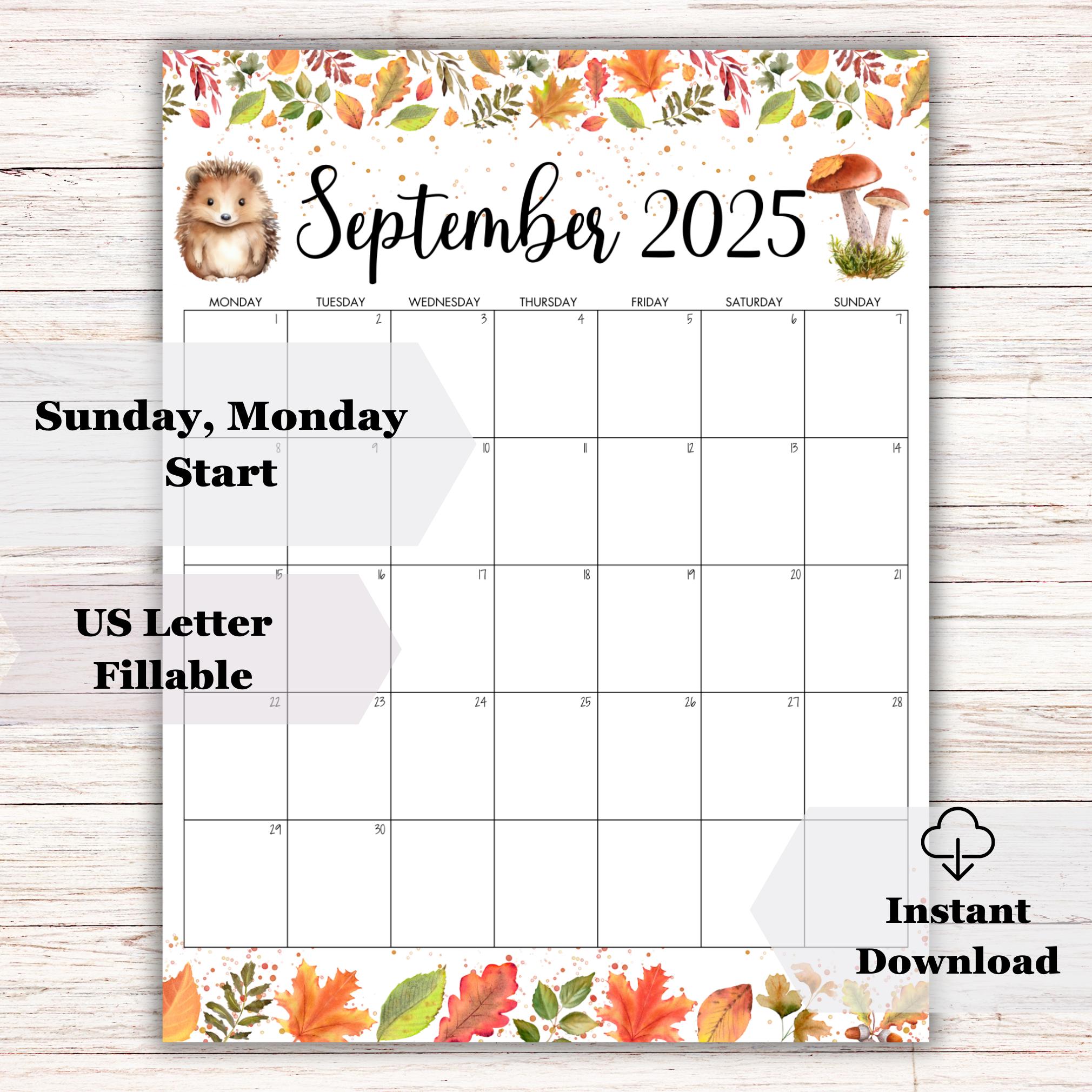EDITABLE September 2025 Calendar, Autumn Colors, Printable, Fillable ...