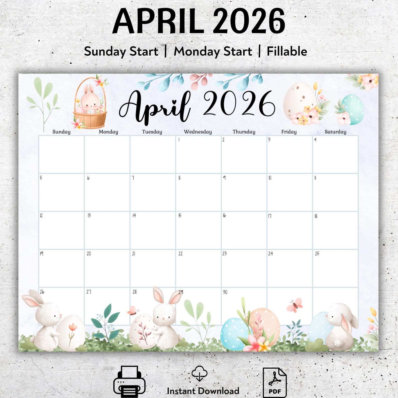 EDITABLE April 2026 Calendar, Happy Easter Day, Cute Bunnies, Printable ...