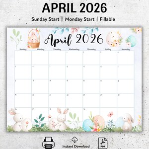EDITABLE April 2026 Calendar, Happy Easter Day, Cute Bunnies, Printable ...