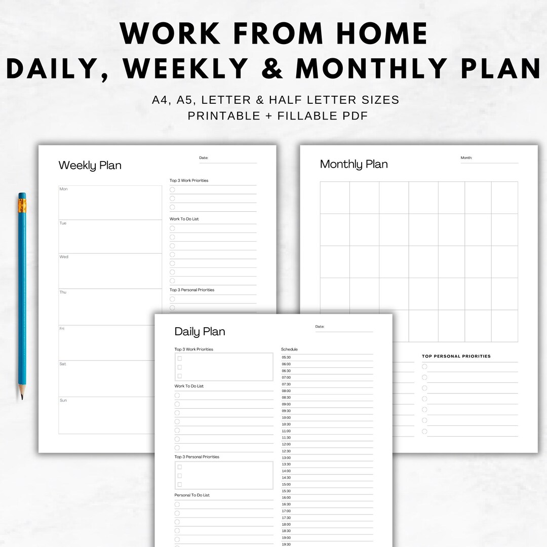 Printable Work From Home Planner, Daily Planner, Weekly Planner ...