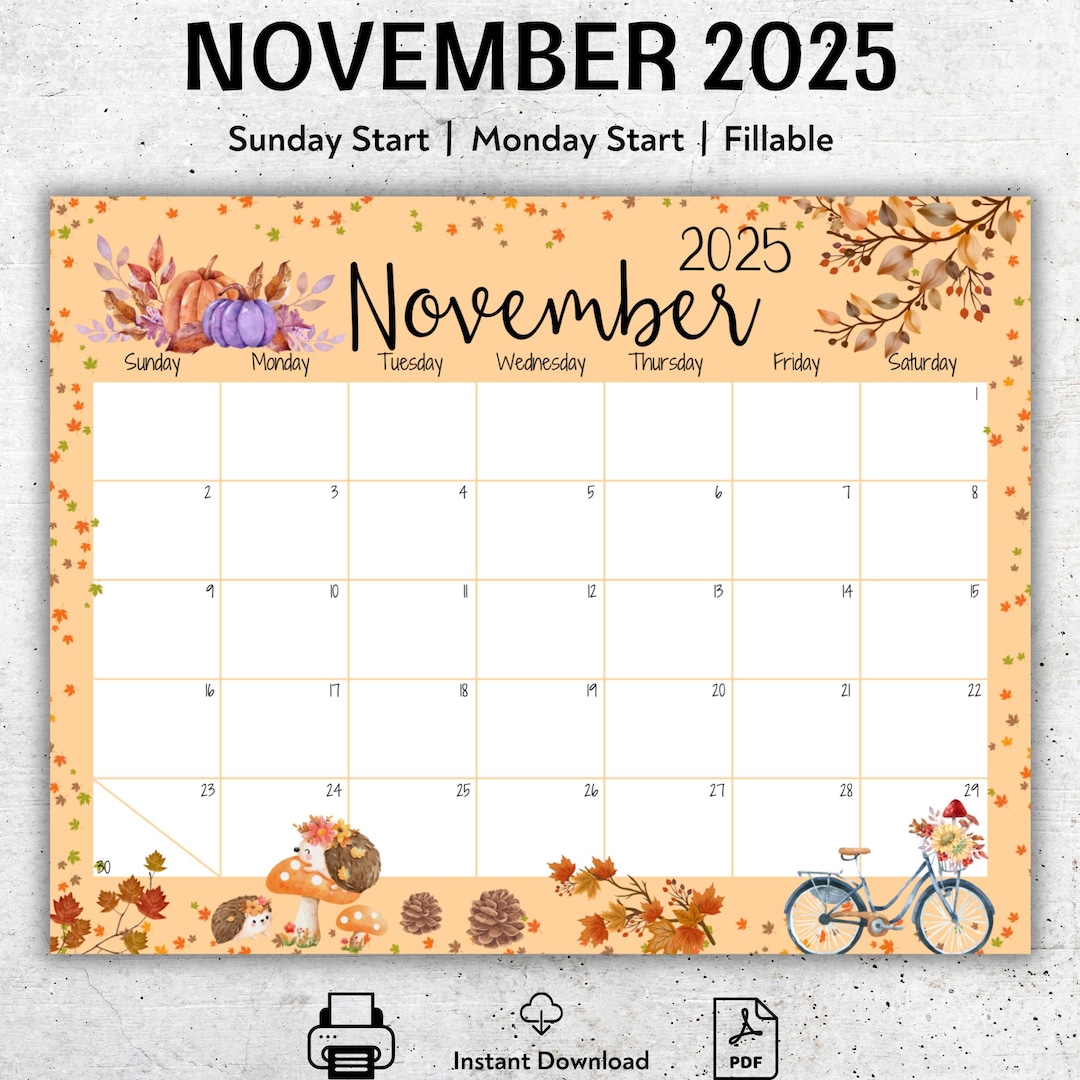 EDITABLE November 2025 Calendar, Beautiful Fall Foliage, Printable ...