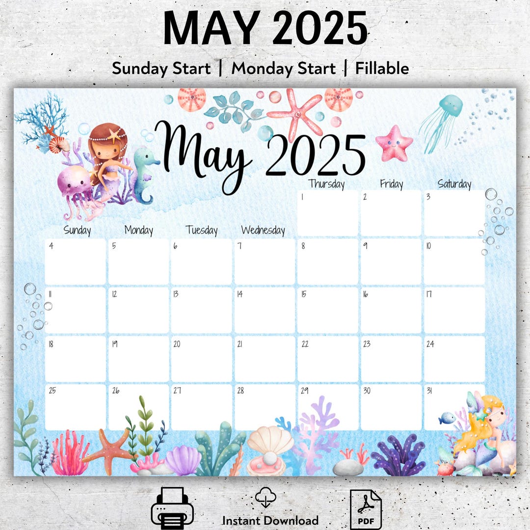 EDITABLE May 2025 Calendar, Ocean Theme, Printable PDF, Sunday & Monday ...
