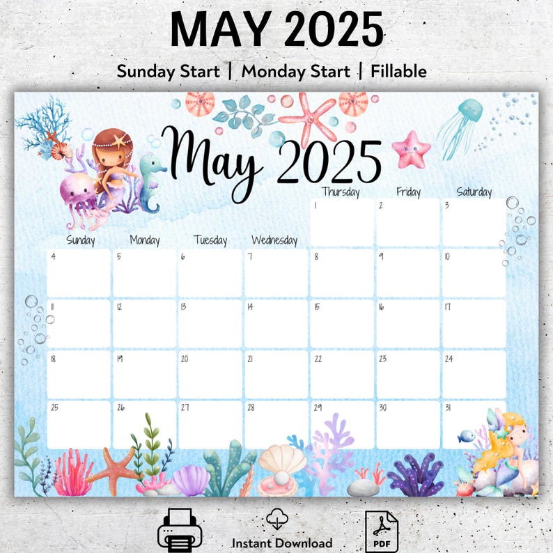 EDITABLE May 2025 Calendar, Ocean Theme, Printable PDF, Sunday & Monday ...