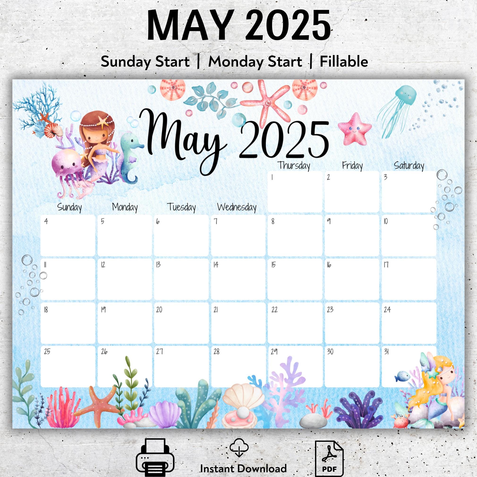 EDITABLE May 2025 Calendar, Ocean Theme, Printable PDF, Sunday & Monday ...