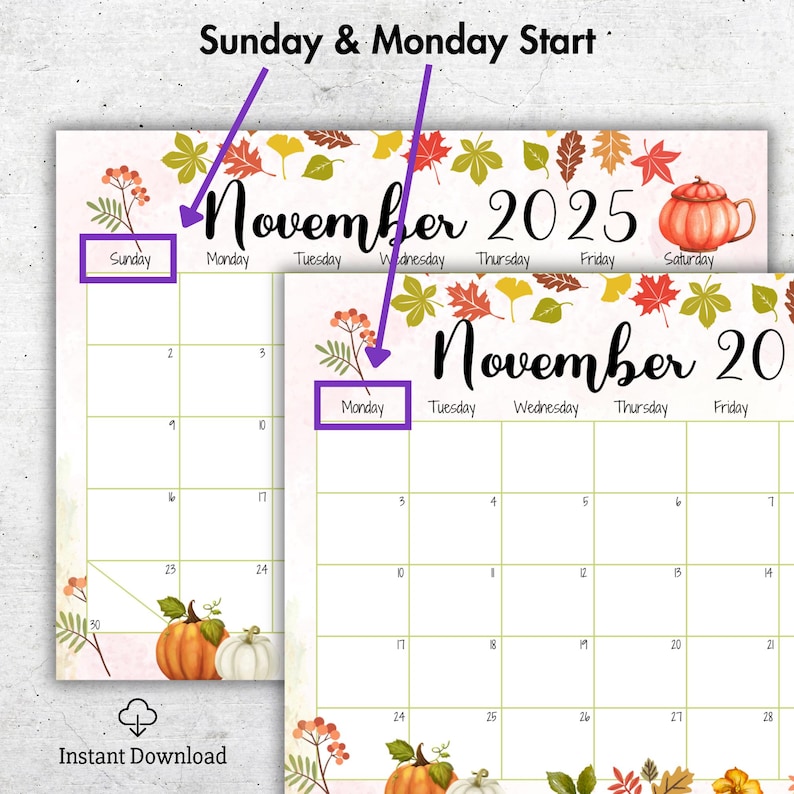 EDITABLE November 2025 Calendar, Colorful Pumpkins, Printable Planner ...