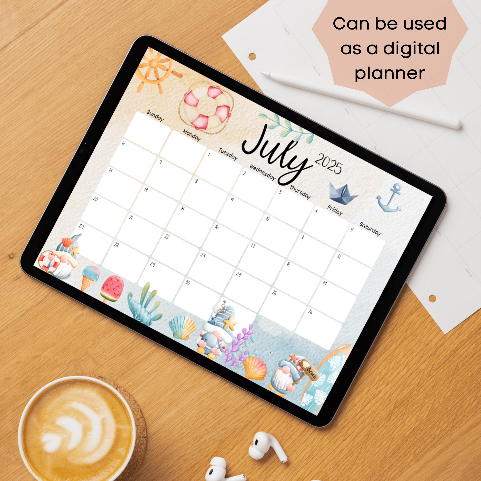 July 2025 Printable Calendar, Beach Theme Monthly Planner, Digital PDF ...